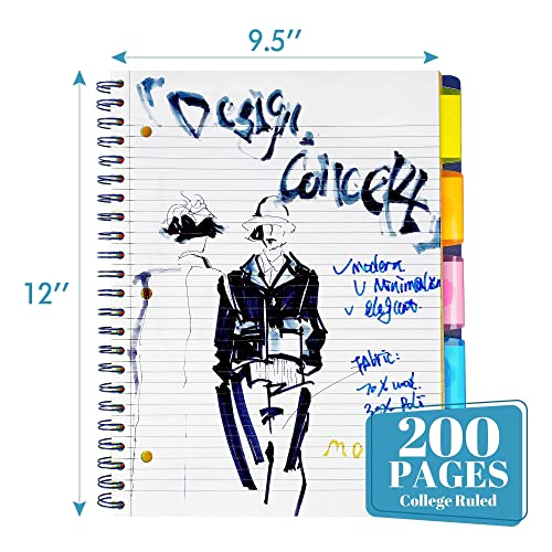 MOWEE Spiral Notebook - 5 Subject Notebook, College Ruled Notebook 3-Hole Punched With Dividers, Storage Pockets, 11" Ruler, 200 Pages, for Writing Journal, Home &Office, School Supplies, 8.1''x11.7''(Black)