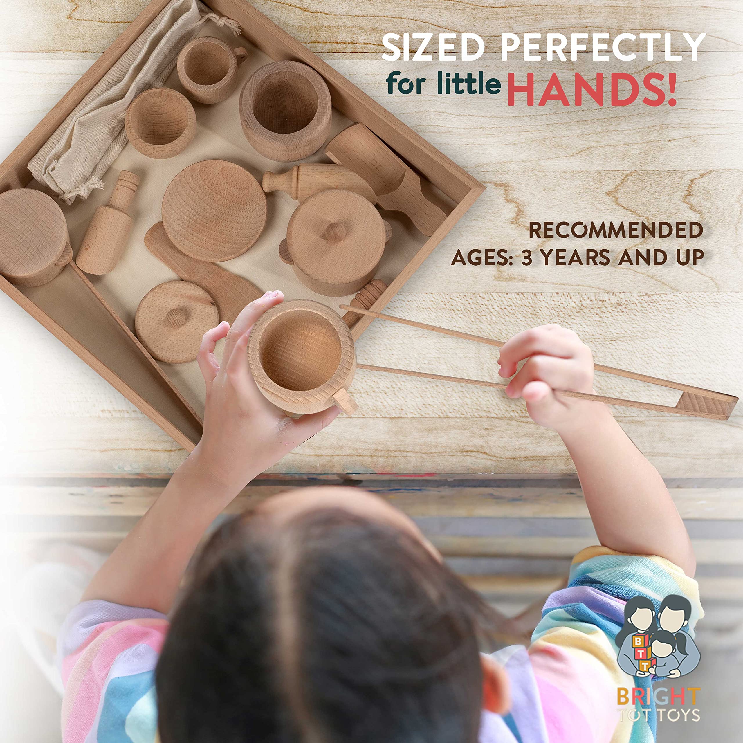 Sensory Bin Tools with Wooden Box, Montessori Toys for Toddlers & Kids, Set of 12 Wood Waldorf Toys for Transfer Work, Sensory Learning & Motor Skill Development