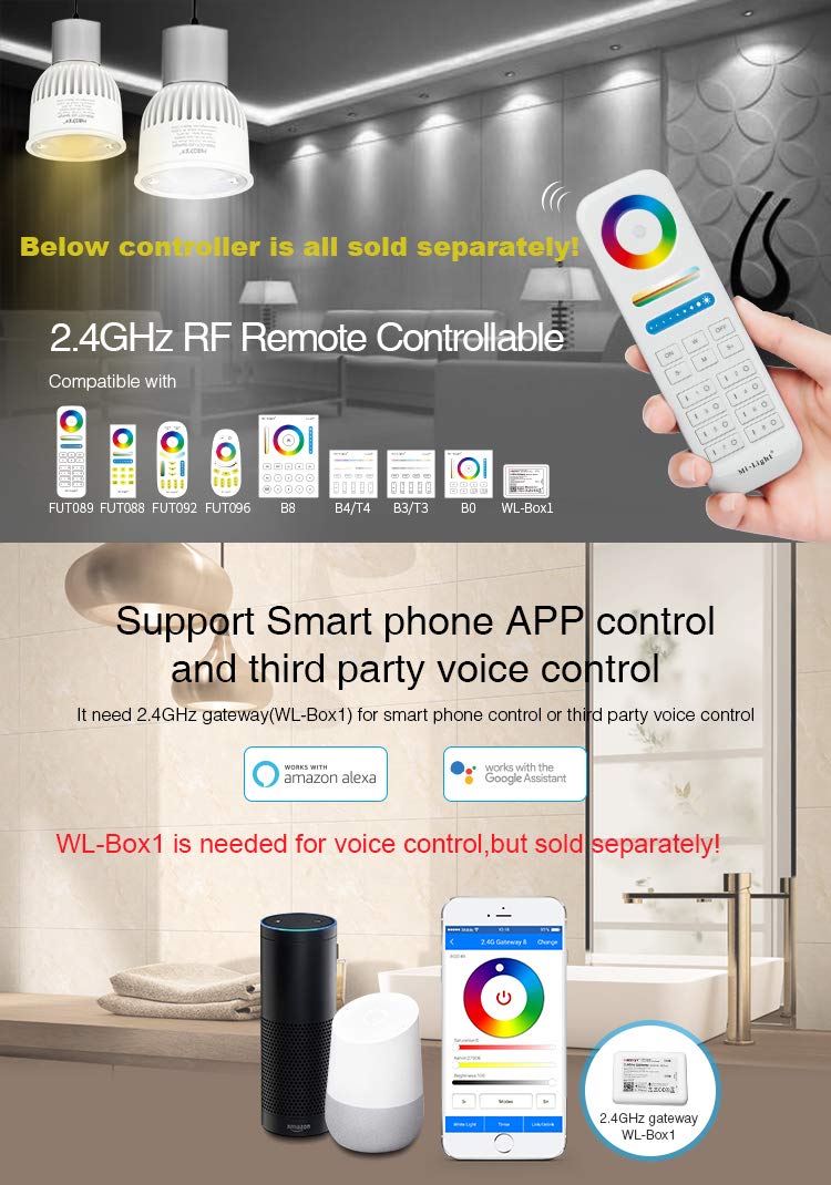 LGIDTECH FUT106 Miboxer 6W 2.4GHz WiFi Led Spotlight Bulb GU10 AC 100-240V RGB+CCT Color Changing,Temperature Adjustable,Memory Funtcion.Smartphone APP & Voice Control via Gateway hub(Excluded)