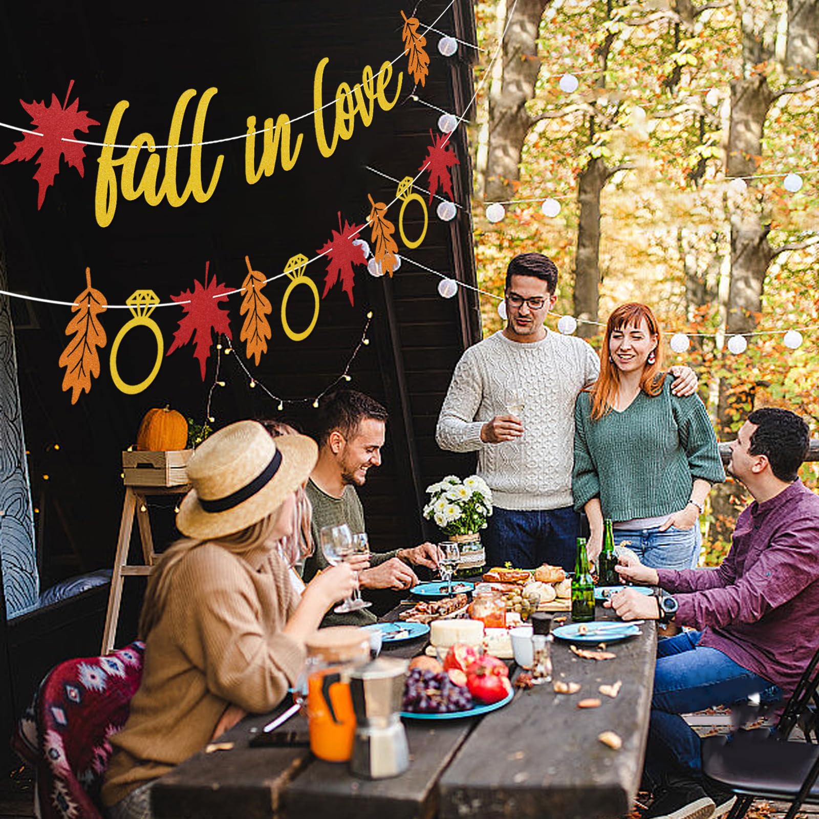 Fall in Love Banner - Fall Bridal Shower Decor, Autumn Maple Leaves Ring Theme Bridal Wedding Party Decorations Gold Glitter