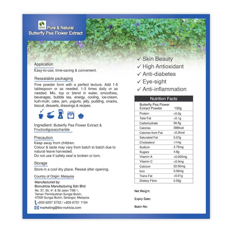 Butterfly Pea Flower Extract Powder 1000g- Bionutricia Extract Natural Asian Gourmet Standardized Fresh Beverage or Bakery Ingredient, Natural Flavor & Color