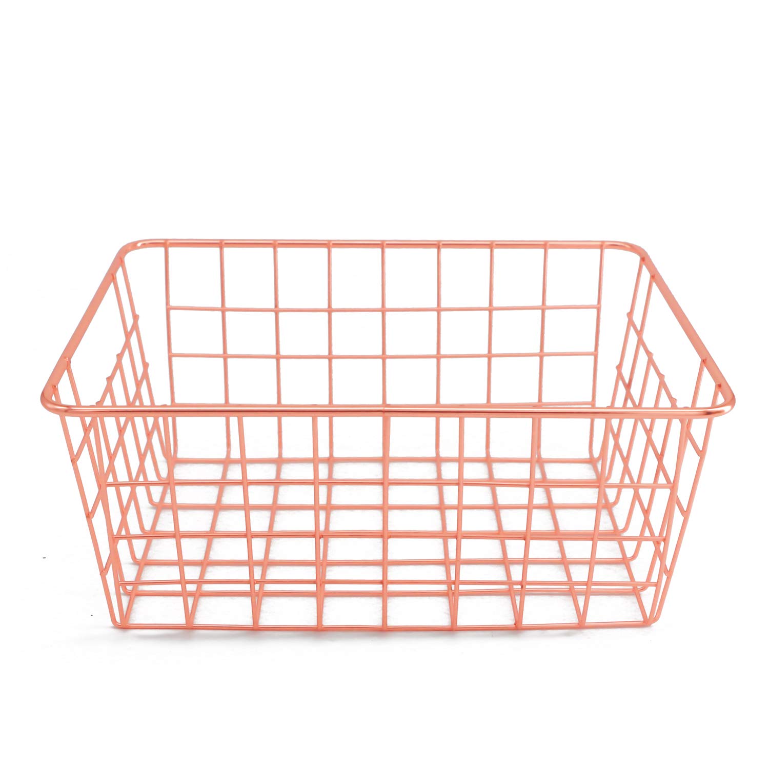 Metal Wire Storage Basket with Handles for Kitchen Food Pantry Papers Home Office Desk Basket Bathroom Laundry Room Basket Bedroom Bed Room, Rose Gold