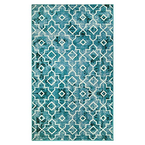 Moynesa Boho 3x5 Area Rug, Modern Washable Teal Kitchen Rugs Non-Slip Entry Throw Rug Laundry Room Rugs Faux Wool Mat Low-Pile Floor Carpet for Entrance Living Room Bedroom Dining