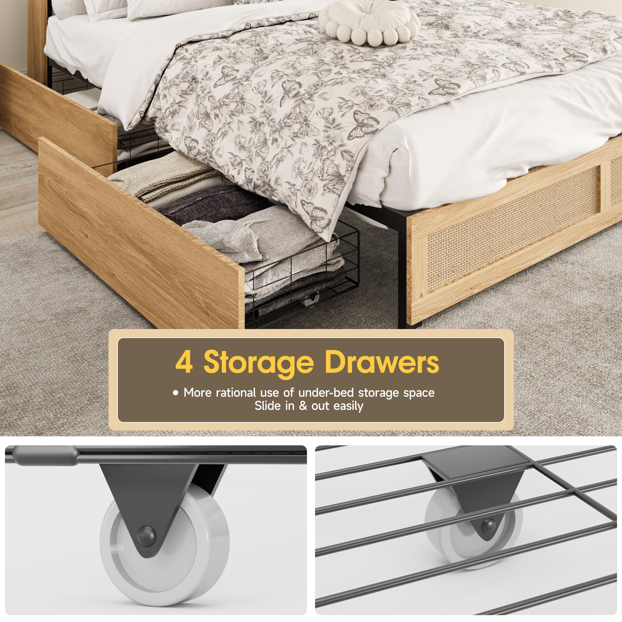 Fameill Queen Size Bed Frame with LED Light and 4 Drawers, Rattan Hidden Storage Headboard, Charging Station, Metal Platform Boho Bed Frame No Box Spring Needed