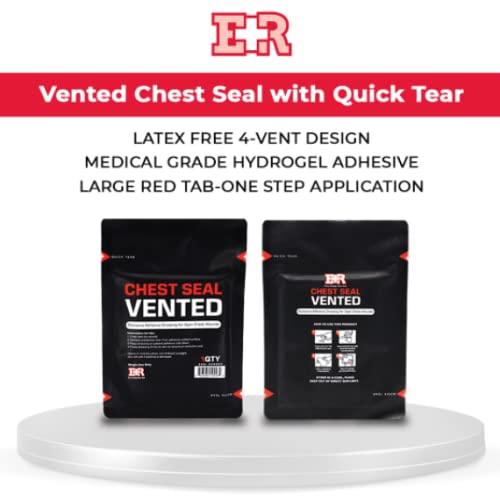 Ever Ready First Aid Vented Chest Seal with Quick Tear - 6.6β Square Occlusive Adhesive Dressing for Open Chest Wounds - 3 Pack