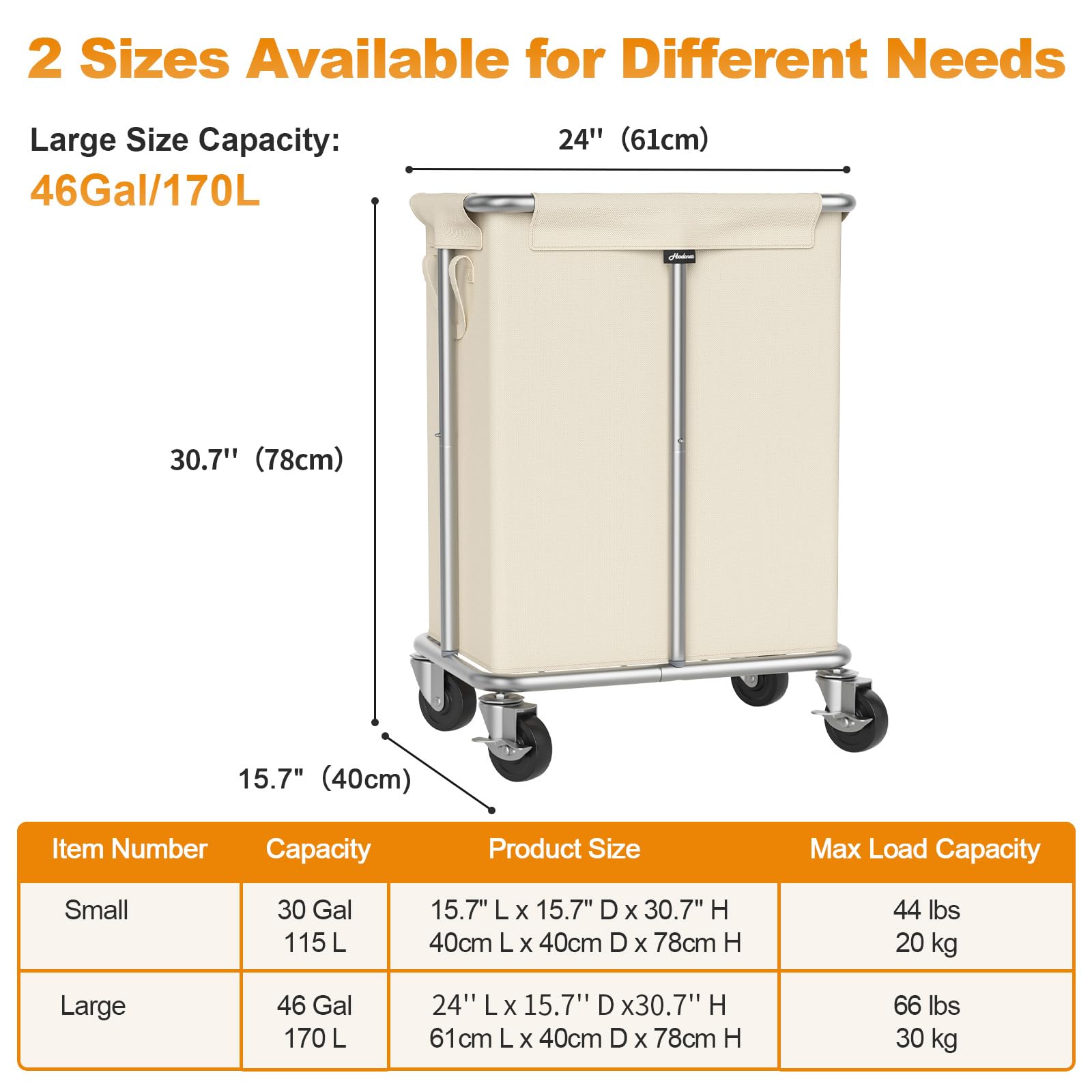 Hodonas Laundry Basket with Wheels, Rolling Laundry Hamper 170L Large Dirty Clothes Hamper Cart with Metal Frame and Removable Bag, Hampers for Bedroom, Bathroom, and Laundry Room Organization, Beige