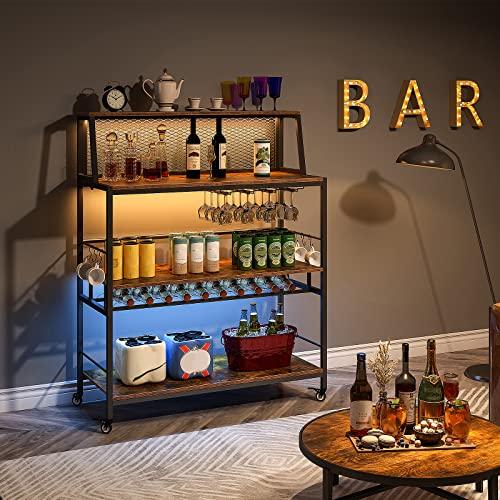 Jevindo Bar Carts for The Home, 41 Inches Liquor Cabinet, Modern Bar Cabinet with Movable Wheels Base, Wine Glasses Holder and Bottles Rack for Kitchen, Living Room, Dining Room, Rustic Brown