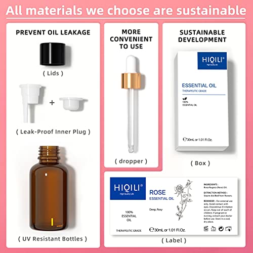 HIQILI Rose Essential Oil for Diffuser, Skin, Hair, Perfume, Candle Making 30ml (1 fl oz)