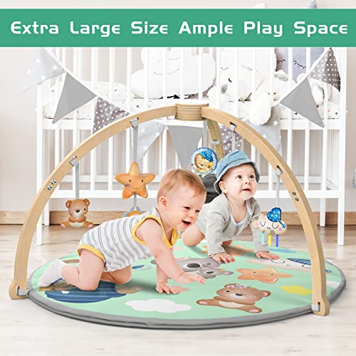 FEISIKE Wooden Baby Activity Gym & Play Mat, Stage-Based Sensory and Motor Skill Development, Thick Non-Slip Design Tummy Time Mat Washable