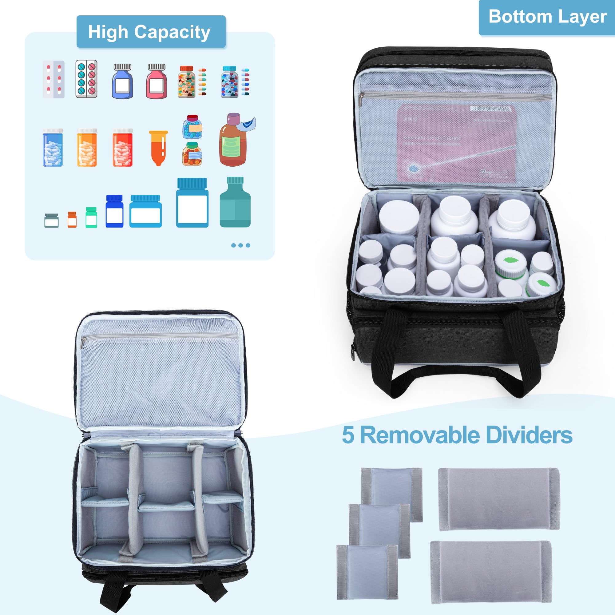 CURMIO Double Layers Pill Bottle Organizer Bag Empty, Medicine Organizer Storage Case with Lockable Zippers, Medication Travel Bag for Prescription Bottles, Medical Supplies, Black (Patent Design)