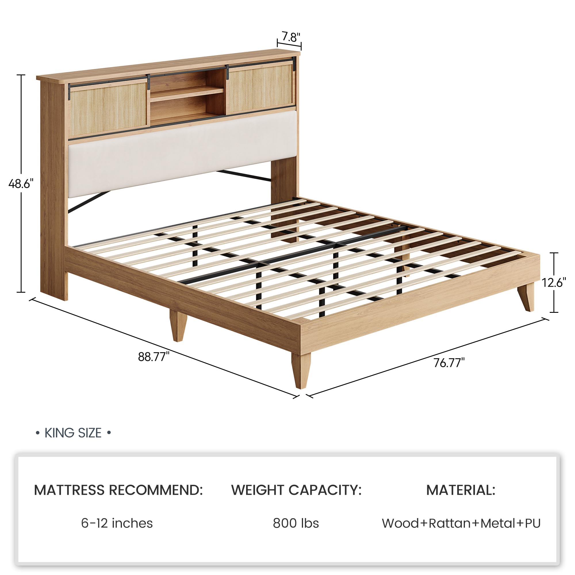 GAOMON Rattan King Bed Frame with Headboard & Storage Shelves, Boho Rattan Bed Frame King Size, Solid Wooden Bed Foundation with Sliding Door Shelf, Noise-Free, No Box Spring Needed & Easy Assemble