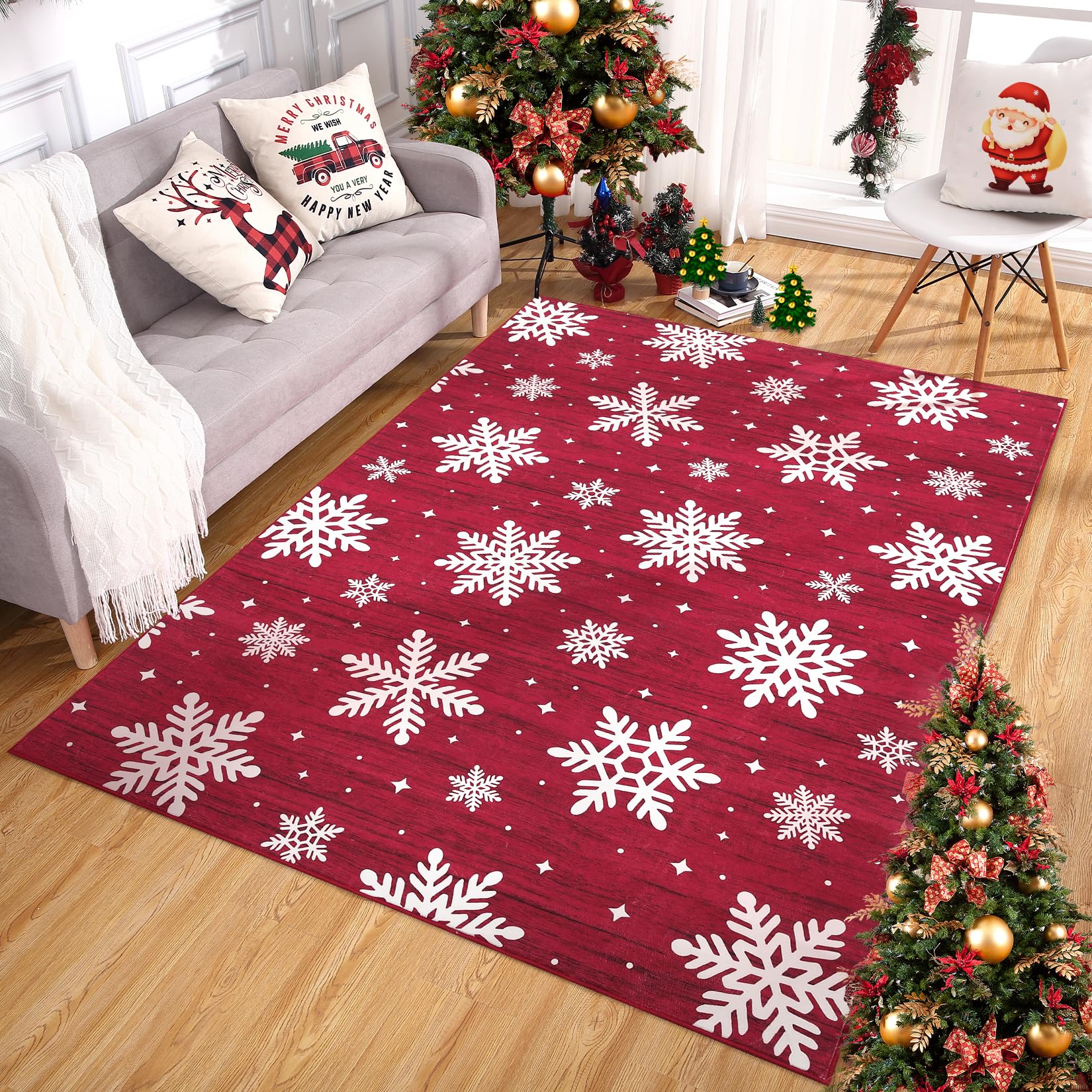 GarveeHome Christmas Runner Rug 2x6 Red Hallway Rug Snowflake Xmas Runner Washable Kitchen Rug Non Slip Bathroom Rug Holiday Decor Distressed Modern Abstract Soft Carpet for Bedroom Laundry 2'x6' Red