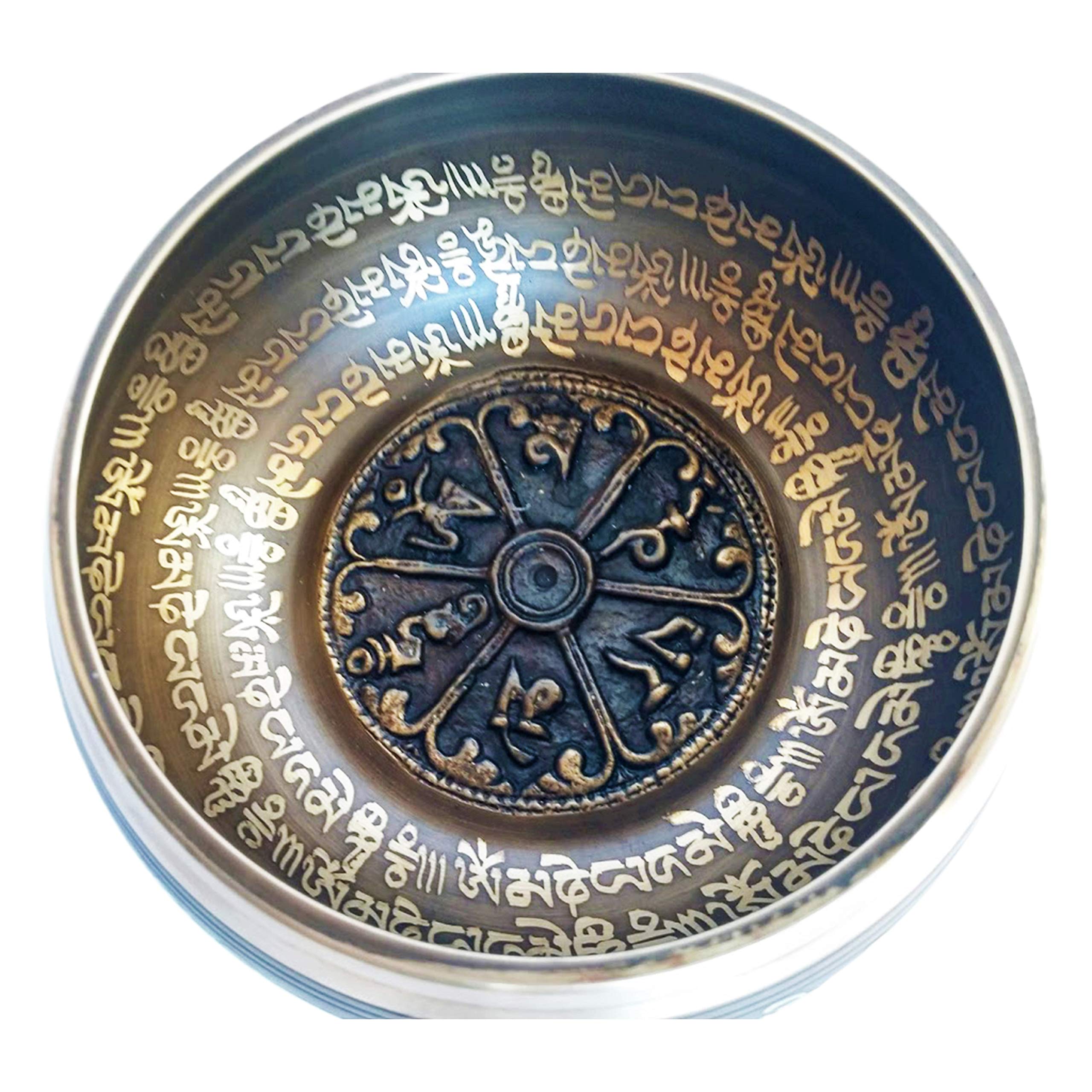 Tibetan Singing Bowl Set 4" ~ Bronze Mantra Design ~ With Carry Case, Dual Surface Mallet, Silk Cushion, and FREE Meditation e-book ~ Promotes Peace, Chakra Healing, and Mindfulness