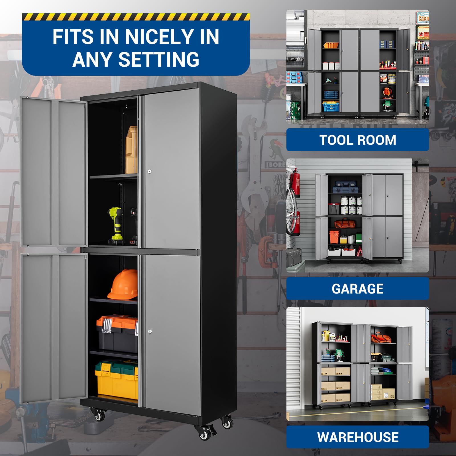 Fesbos Metal Storage Cabinet-Heavy Duty Tool Cabinet Multifunctional Garage Storage Cabinet with Adjustable Shelves&Lockable Doors, Pegboard and Accessories-Black&Gray