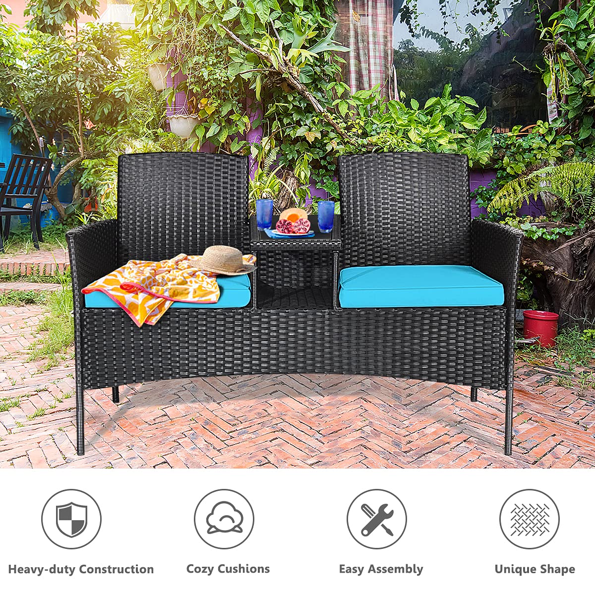 LDAILY Patio Conversation Set, Modern Rattan Loveseat, Outdoor Furniture Set with Removable Cushions & Table, Patio Wicker Sofa Set, Tempered Glass Top, Ideal for Garden Lawn Backyard