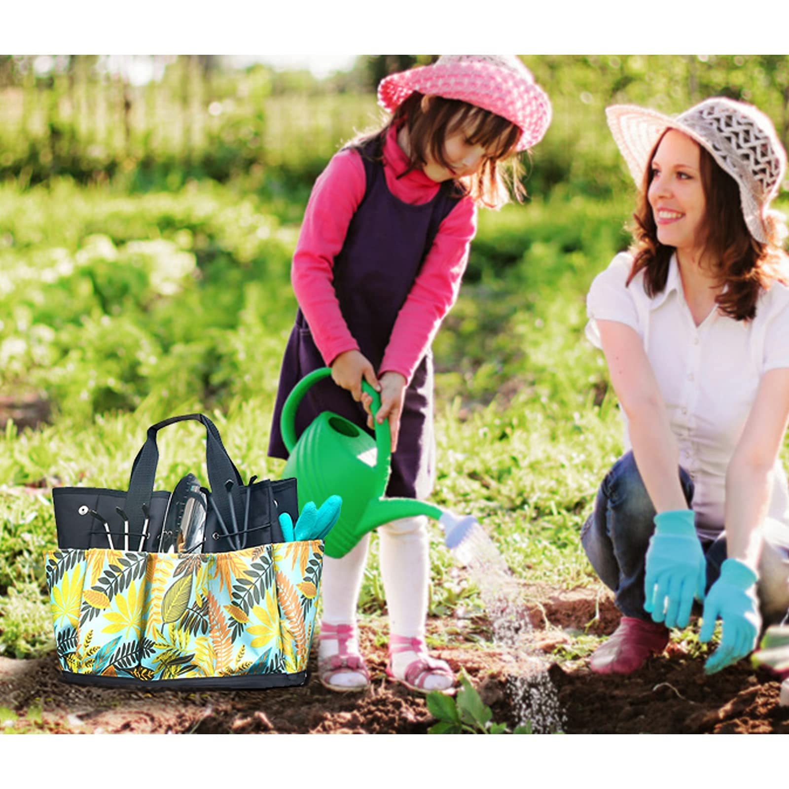 GERYMU Garden Tool Bag, 8 Pockets Garden Tote Bag, Heavy Duty Oxford Garden Tool Storage Bag, Gardening Tool Kit Holder (Floral Yellow)