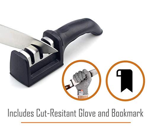Circadus Professional Premium 3-Stage Chef Kitchen Knife Sharpener. Quick and Easy Sharpening, Straightening, and Polishing of Chef Blades and Kitchen Knives. Includes Cut-Resistant Glove & Bookmark