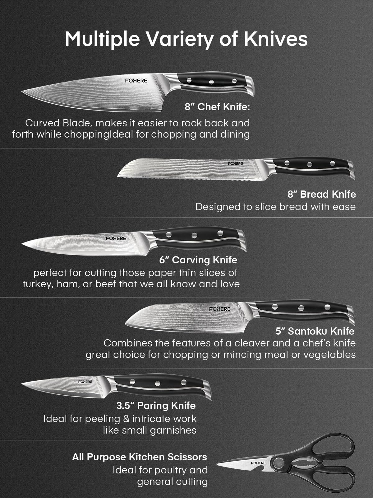 Knife Set, FOHERE 7-Piece Damascus Kitchen Knife Set, 67-Layer Japanese Knife VG10 Damascus Steel, Sharp Kitchen Knife Set with Non-slip ABS Handle, Kitchen Shears