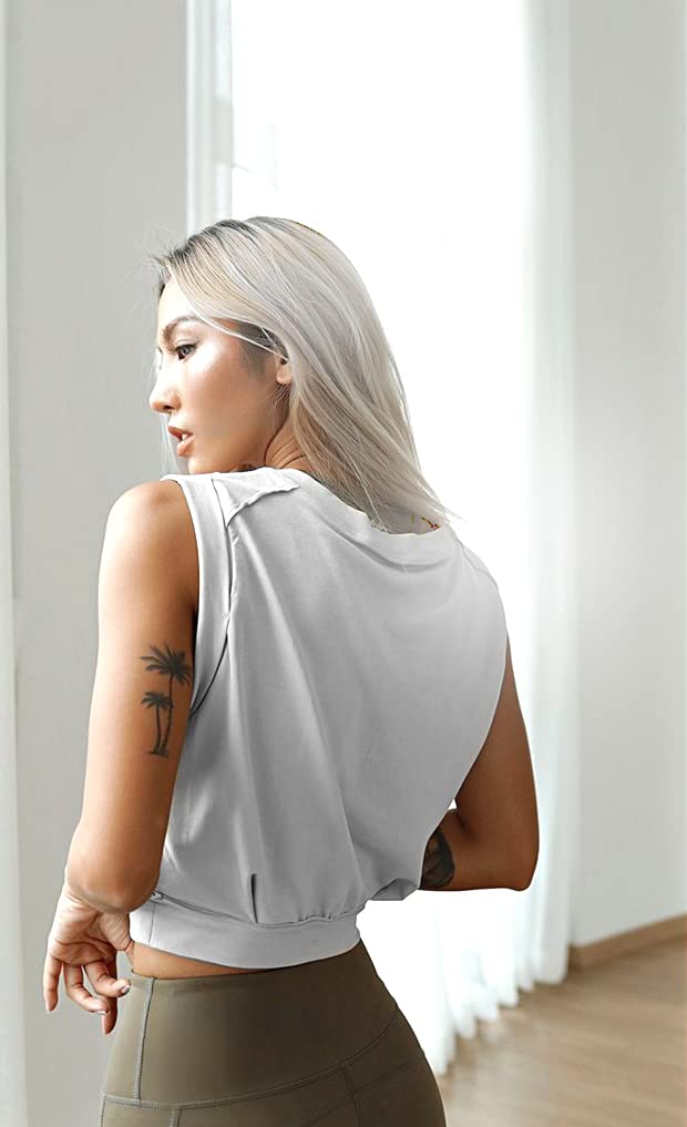 Crop Top Athletic Shirts for Women Cute Cotton Sleeveless Yoga Tops Running Gym Workout Shirts 2 Pack