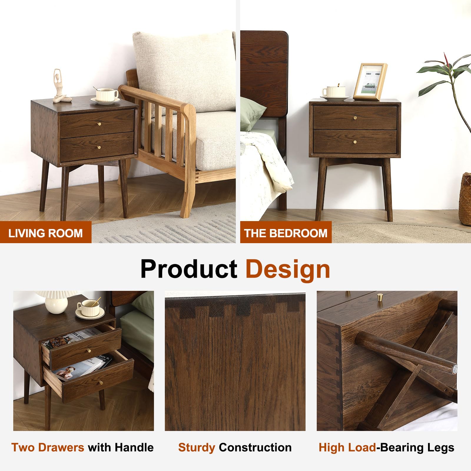 Fetuero Mid Century Modern Nightstands, Oak Bedside Table Solid Wood End Table with Drawers Real Wooden Cabinet Organizer for Bedroom, Natural Color
