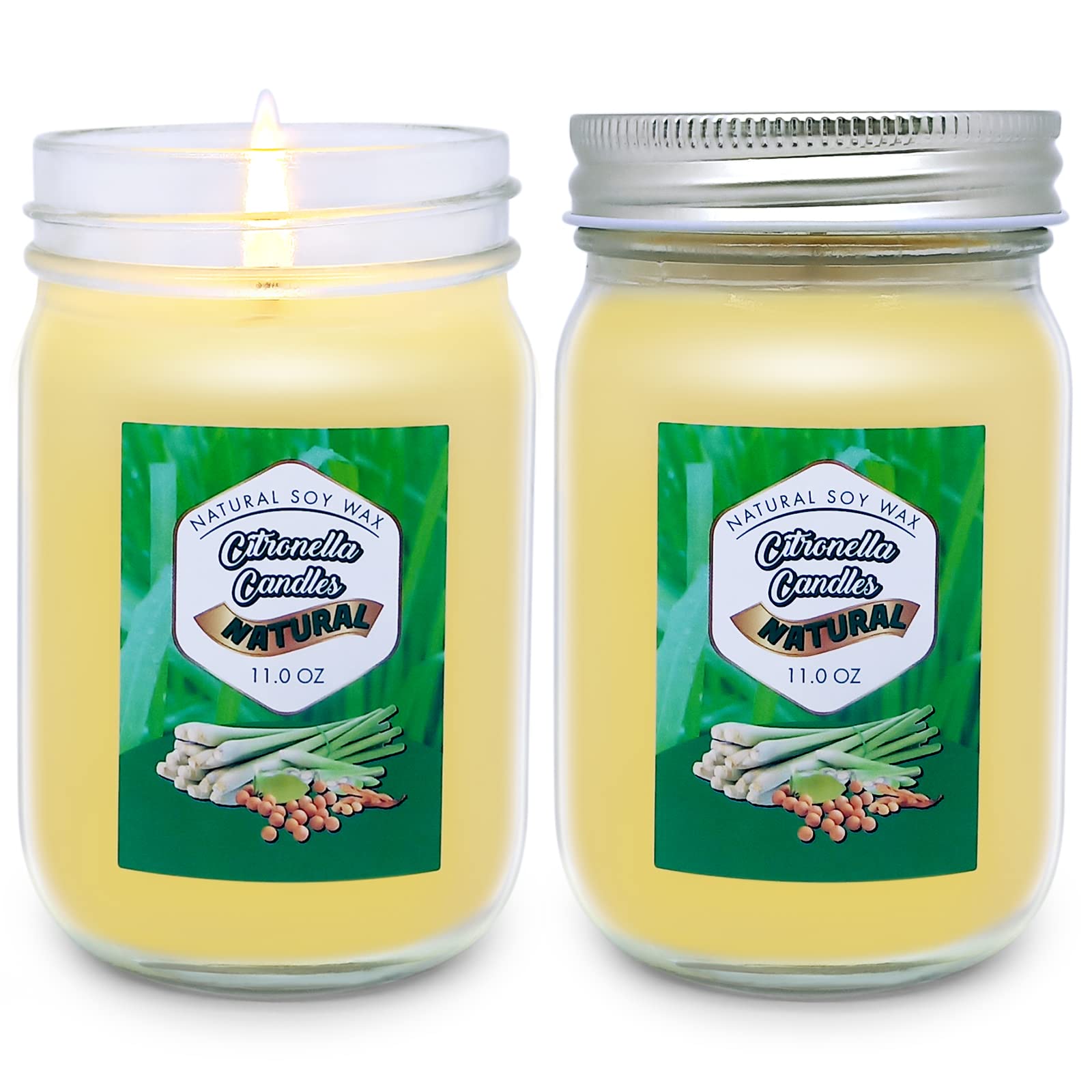 Set of 2 Large Citronella Candles for Summer Scented, 11oz Long Lasting Mason Glass Jar Candle for Patio Garden Yard Home Kitchen Bedroom, Outdoor and Indoor