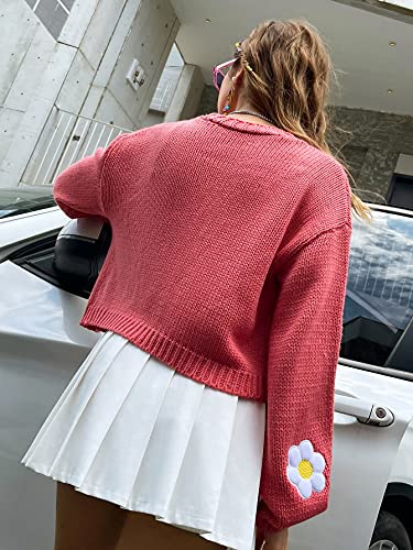 SweatyRocks Women's V Neck Button Front Cardigan Sweater Cute Floral Print Coat Outerwear Watermelon Pink S