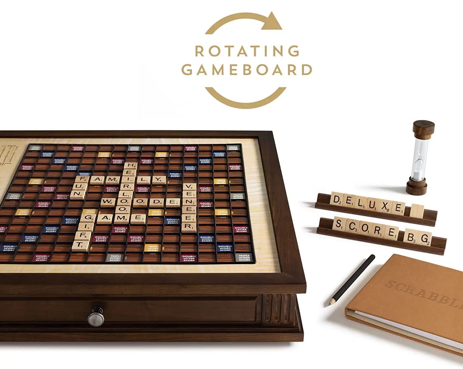 WS Game Company Scrabble Heirloom Edition with Rotating Solid Walnut Cabinet