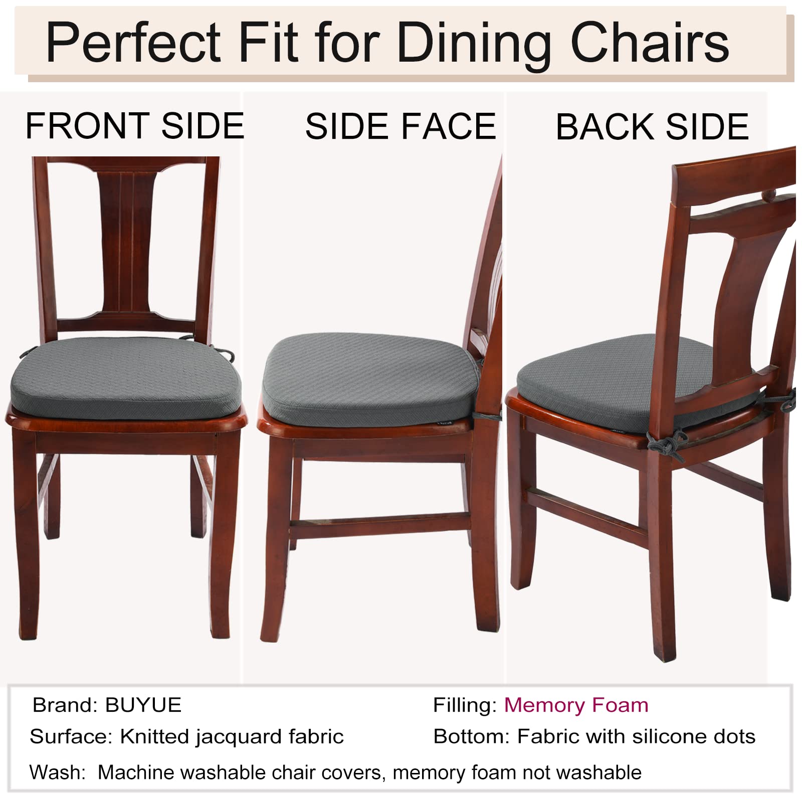 BUYUE Luxury 100% Pure Memory Foam Chair Cushion 1 Pack, Jacquard 16" U-shape Comfortable Dining Chair Pad, Removable Slip Resistant Kitchen Chair Seat Cushion, (1 piece, Grey)