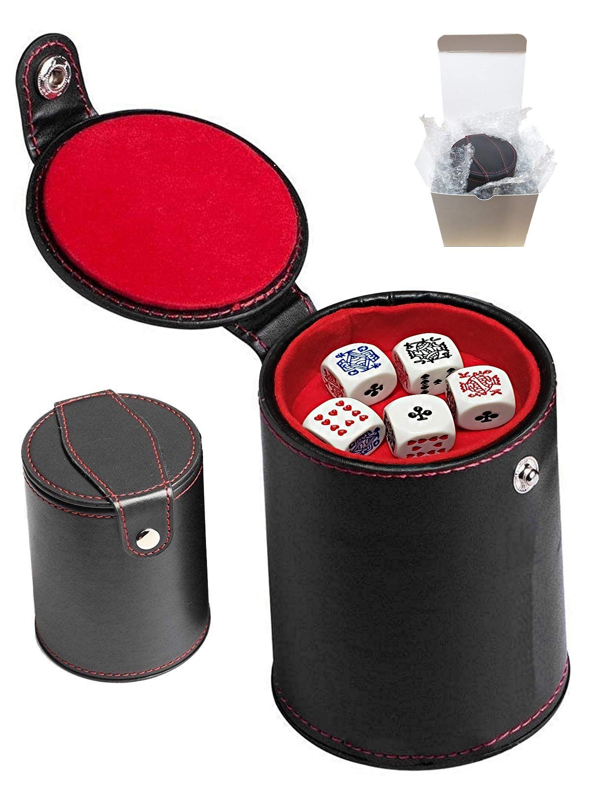 Set of Dice Cup with Storage Compartment Black PU Leather Red Felt Lined + (5) 16mm Poker Dice (Gift Boxed) (Poker (Rounded Corners, Clubs Ace) - White)
