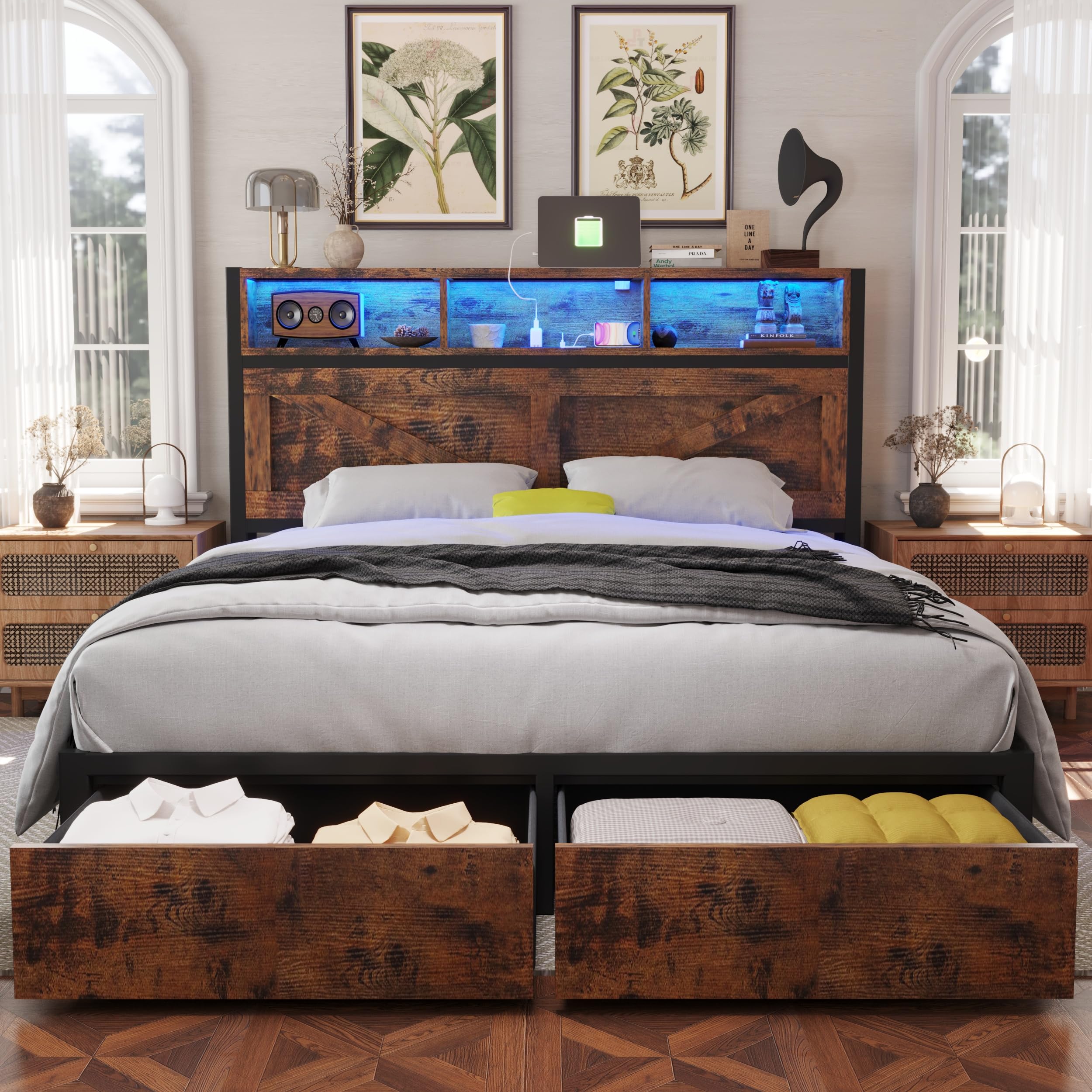 Farmhouse Queen Bed Frame with Bookcase Headboard and Storage Drawers, Charging Station and RGB LED Lights, No Box Spring Needed, Noise Free, Vintage Brown