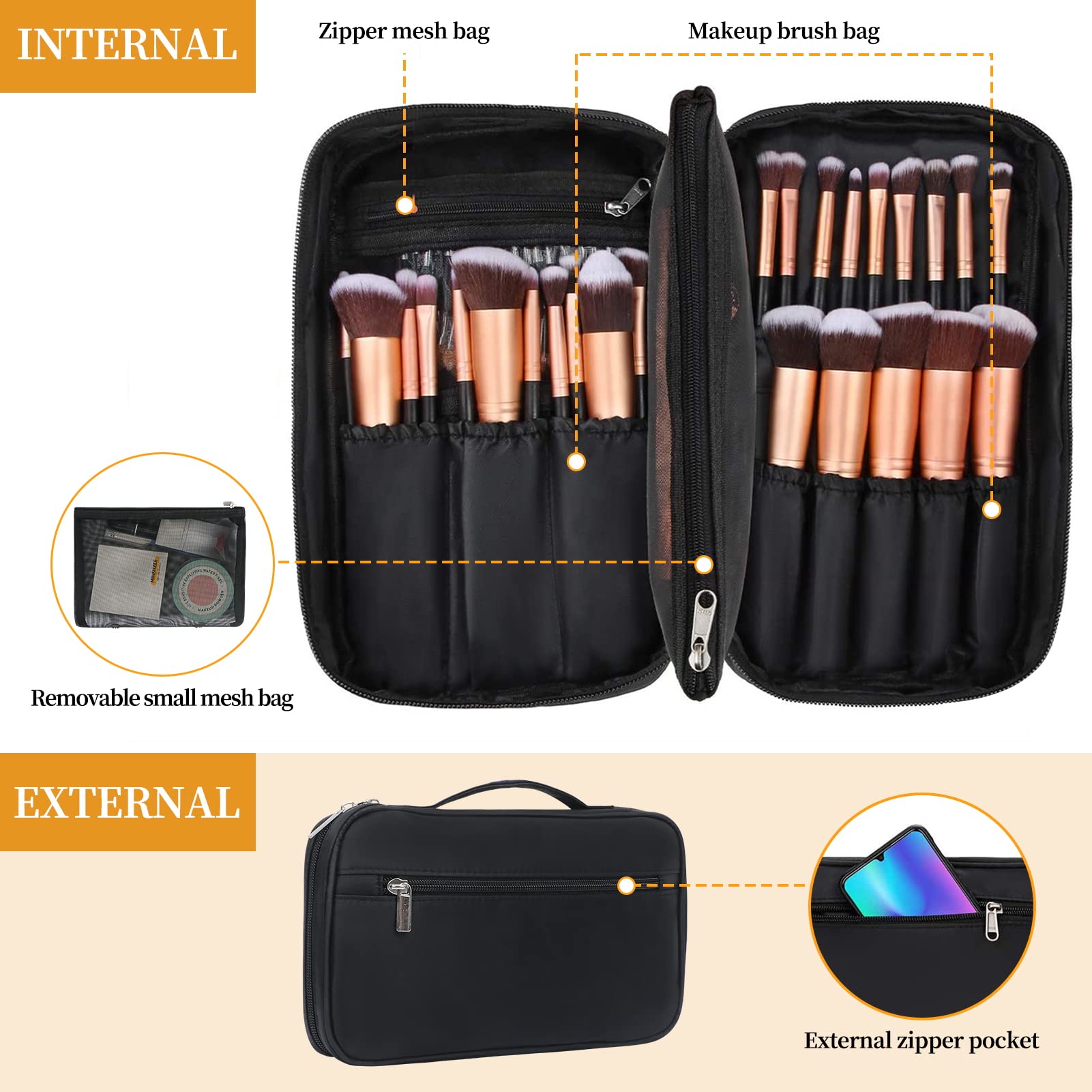 GoodSing Makeup Brush Bag, Portable Makeup Bag with Brush Organizer Large Capacity Travel Brush Storage Organizer Pouch with Small Mesh Cosmetic Bag, Black