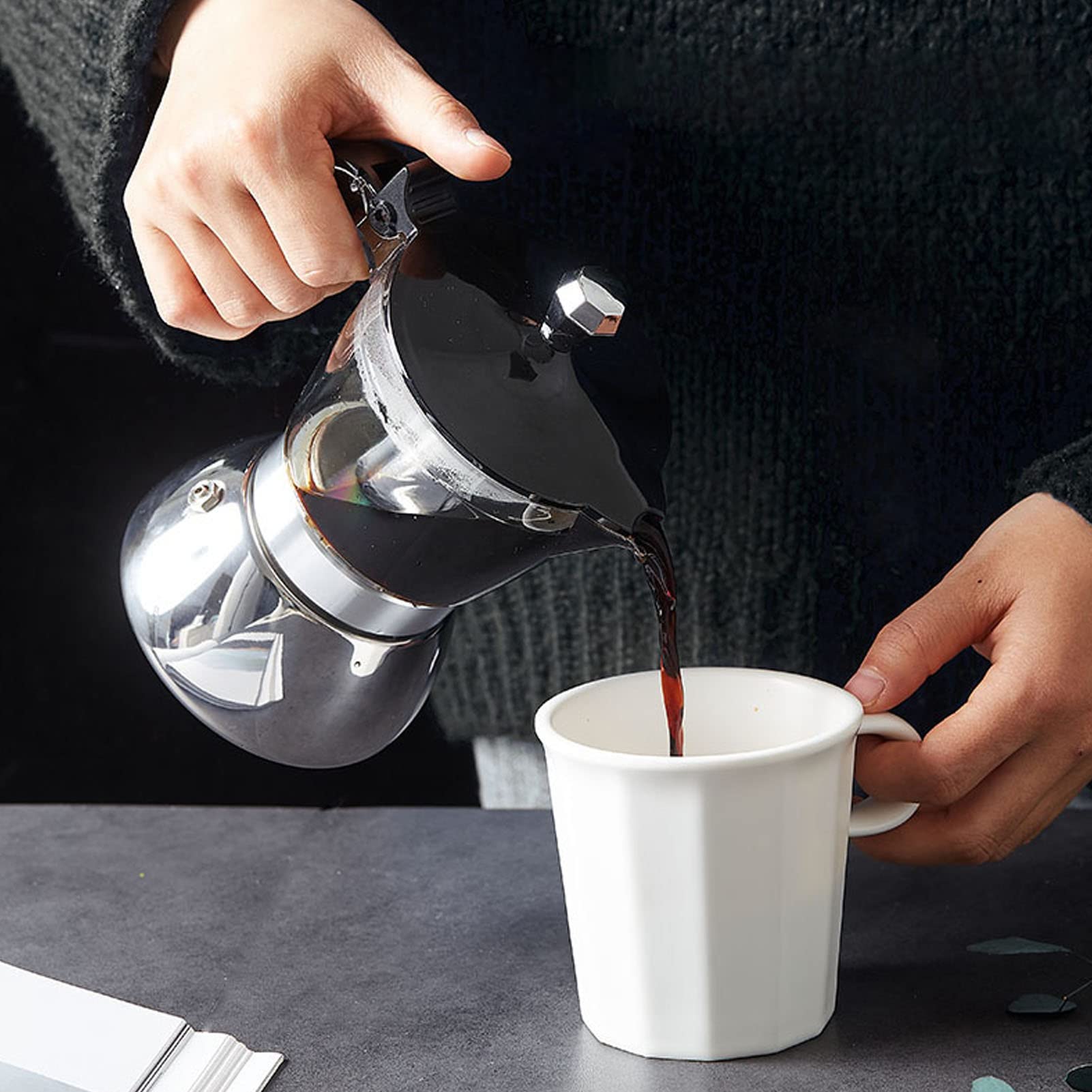 Fdit Classic Stovetop Maker, 6 Cups Stainless Steel Coffee Pot Italian Octagonal Household Brewing Cup Coffee Moka Pot