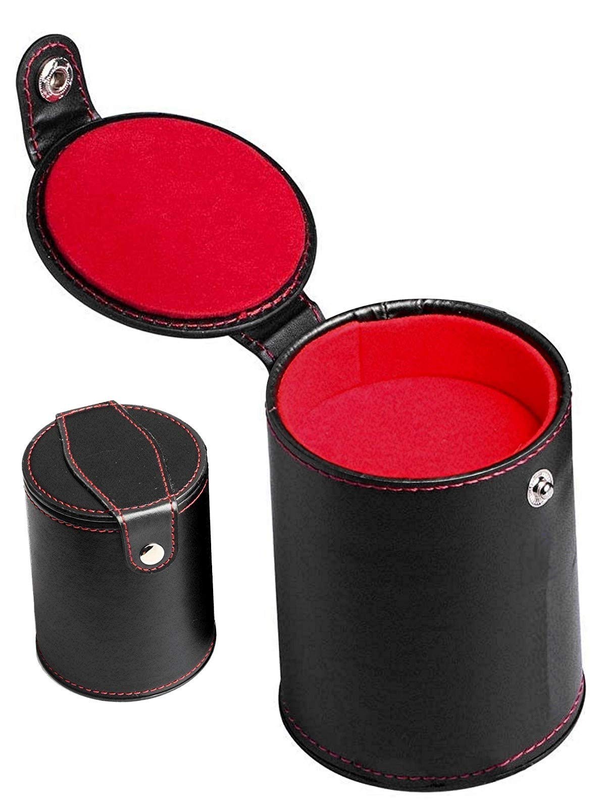 Set of Dice Cup with Storage Compartment Black PU Leather Red Felt Lined + (5) 16mm Tranparent Dice (Gift Boxed) (Smoke/Red)