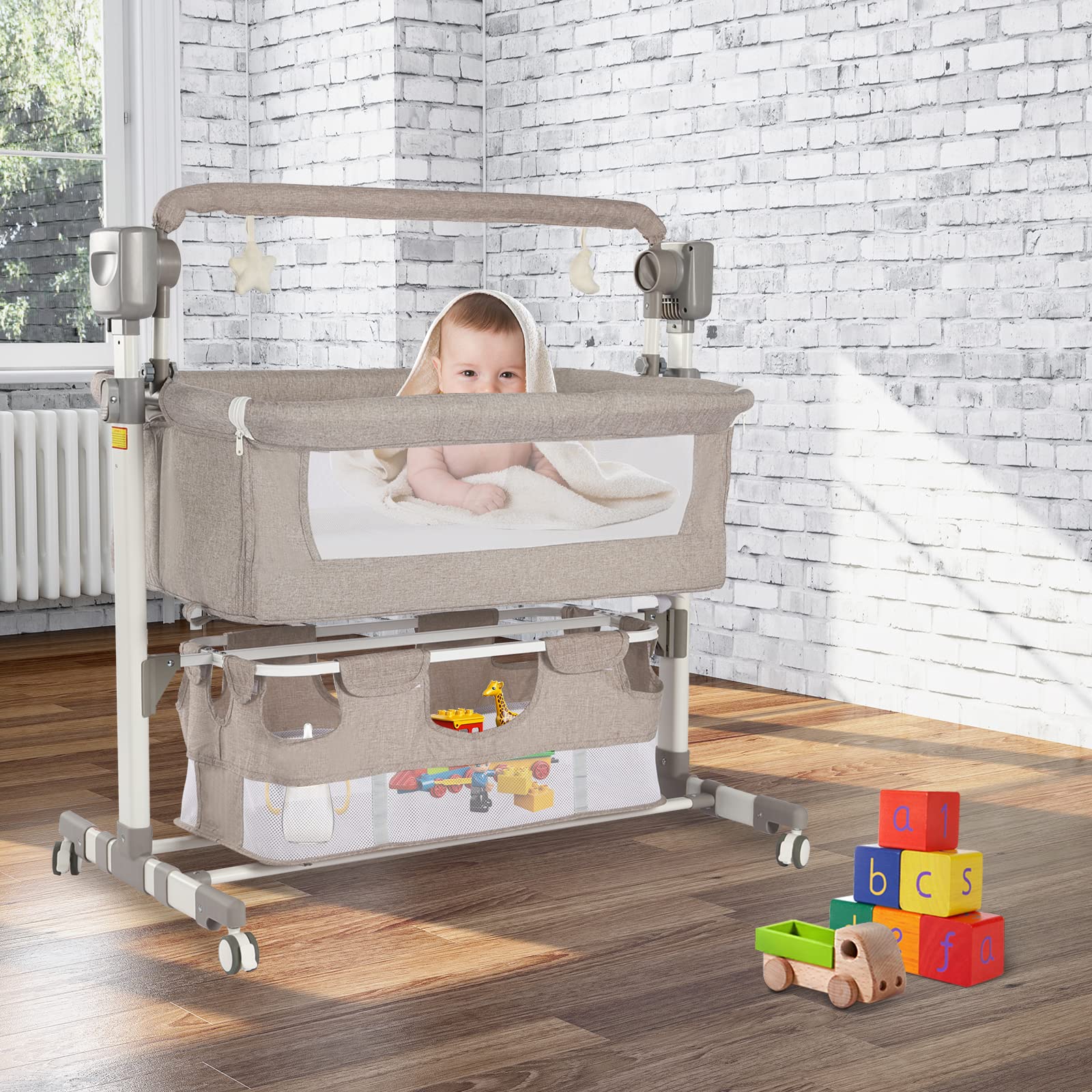 CNCEST Smart Electric Baby Bassinet Bedside Sleeper,Music Play,Automatic Cradle with 3 Speed Timing,5 Speed Wobbling,Portable Baby Bed Height Adjustable Crib,Nets+Mattresses
