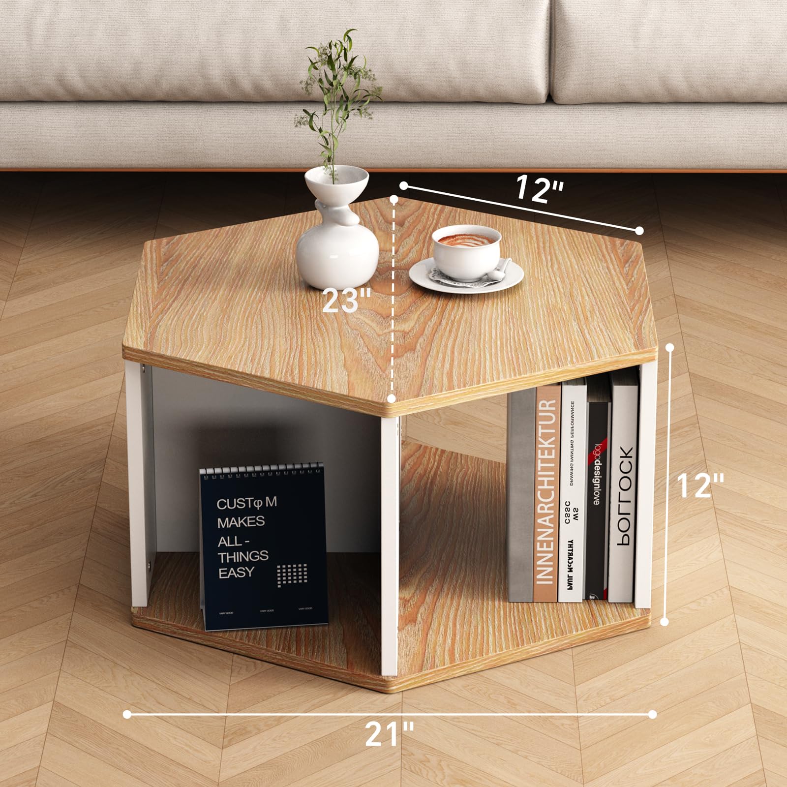 Coffee Table, Modern Decorative Coffee Center Table, Geometric Wood Coffee Table for Living Room with Storage Compartment Space