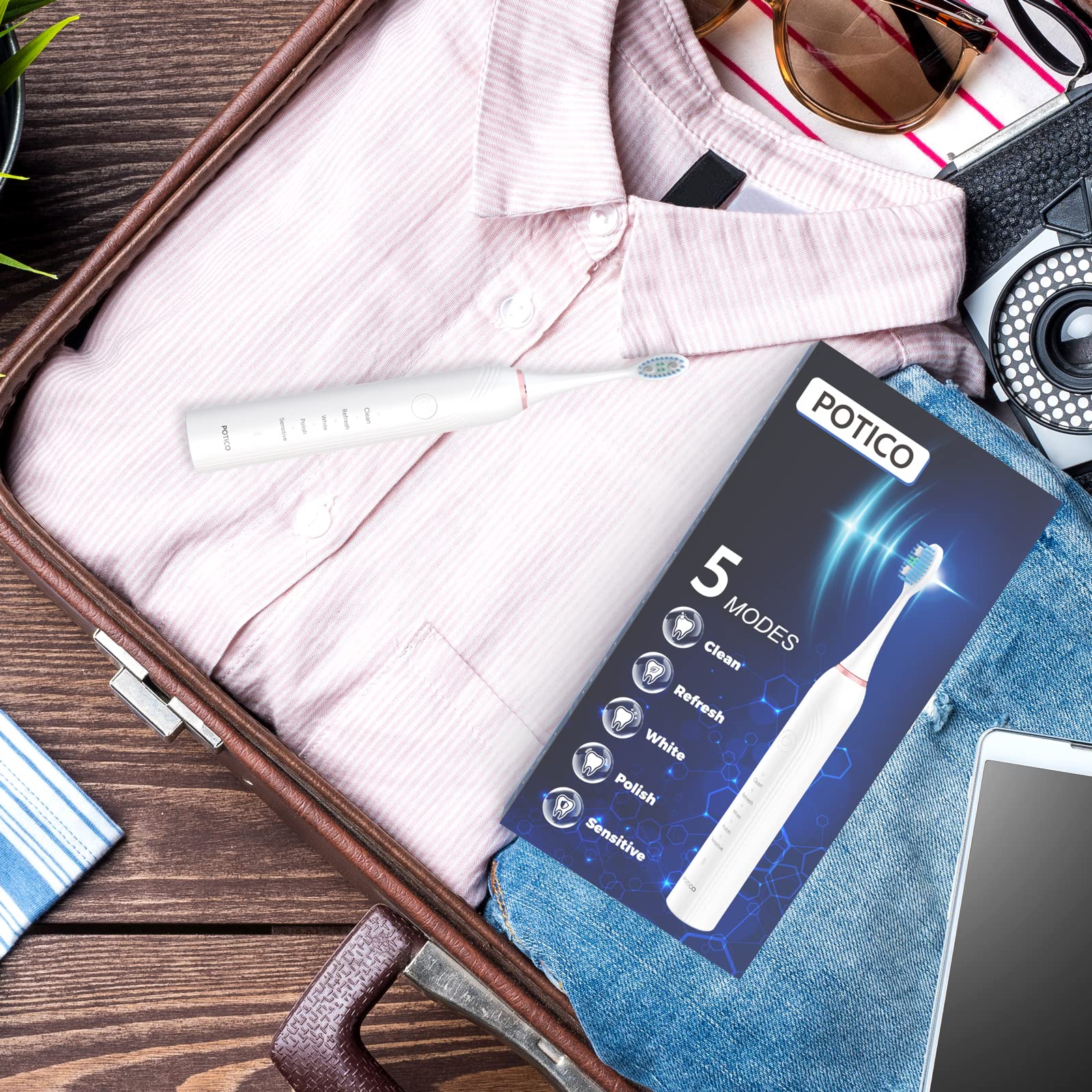 POTICO Sonic Electric Toothbrush for Adult with 8 Duponts Brush Heads, 5Modes, 2 Min Smart Timer, IPX7 Waterproof, Rechargeable Toothbrushes, Charge Lasts for 90 Days use
