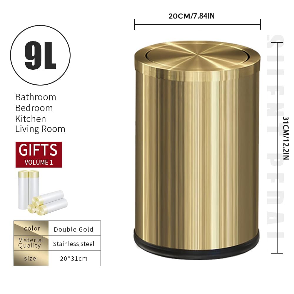 LEASYLIFE Antique Gold Trash can,Gold Bathroom Trash can with lid,Small Trash Can with Flipping Lid, 2.4gallon,Gold Garbage can for Bathroom,Laundry,Hotel,Office, Laundry Room ,Metallic Gold (Single)