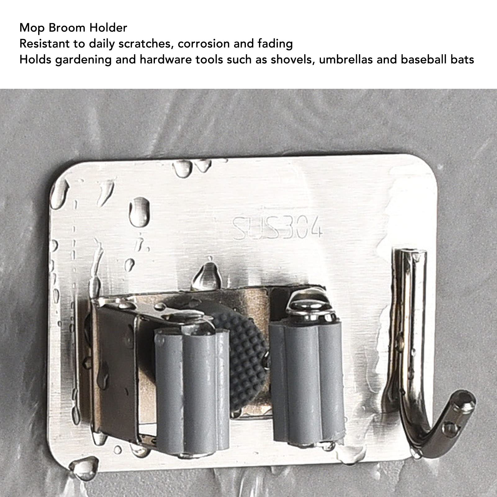 Fdit Mop Broom Holder, Stainless Steel Mop Holder Organizer, Self Adhesive Wall Mounted Mop Organizer Storage Rack Clip, Utility Hook Organizer Tool for Laundry Bathroom Kitchen Garage