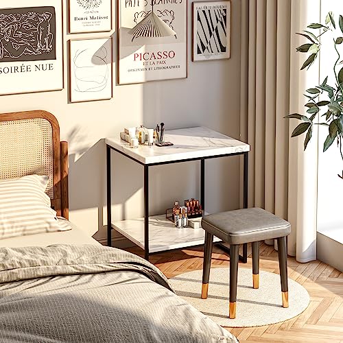 Tilly Lin Faux Marble Side Table, White Marble Small Coffee Table with Storage, 2-Tier End Table for Living Room, Nightstand for Bedroom (White, Black)
