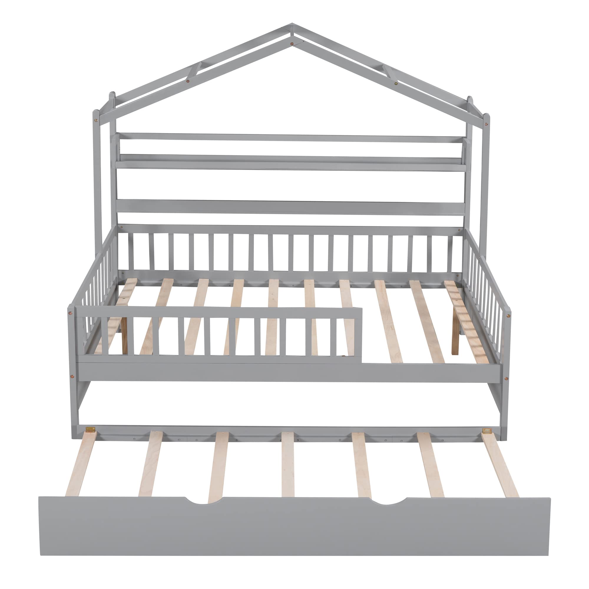 P PURLOVE Full Size House Bed Frame with Trundle,Montessori Bed Frame for Kids,Kids House Bed Frame with Shelf for,Full Size Daybed with Trundle with Slat,No Box Spring Need,Gray