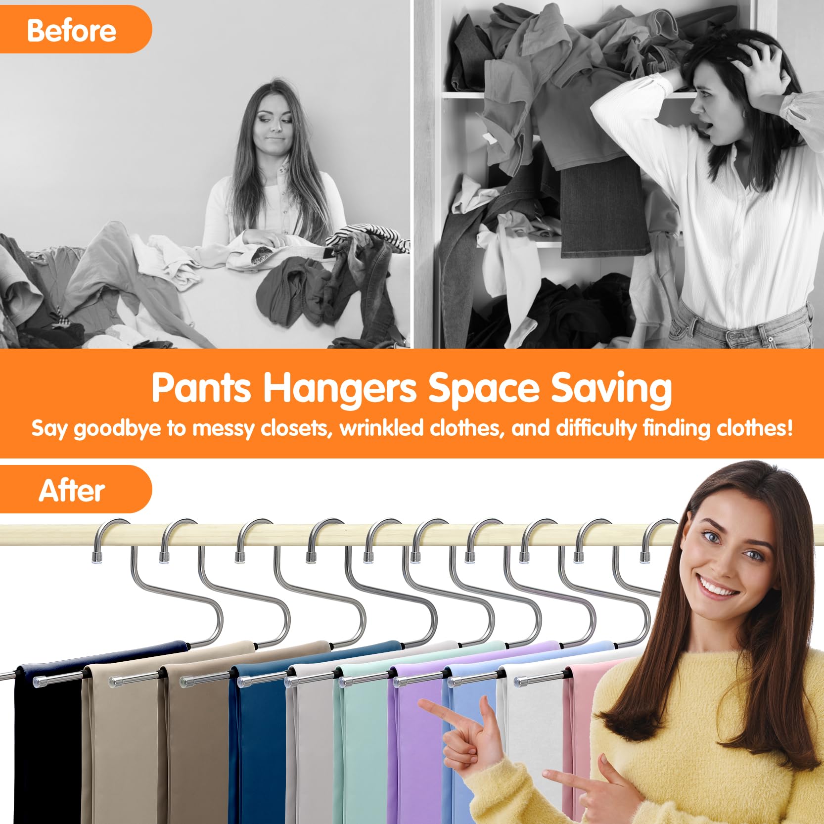 Closet Organizers and Storage,10 Pack Pants Hangers Space Saving,Dorm Room Essentials for College Students Girls Guys,Home Essentials Clothes Hanger Strong Metal Hangers for Jeans,Slacks,Blanket,Scarf