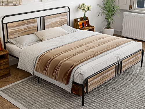 IKIFLY King Bed Frame with Industrial Wood Headboard/Footboard, Heavy Duty Metal Slats Support, Under-Bed Storage, No Box Spring Needed - Wood Brown