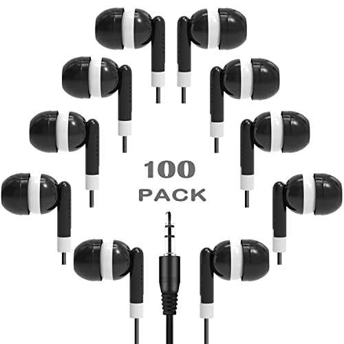 Hongzan 100 Pack Classroom Earbuds Headphones Bulk for School Kids Children, Wholesale Durable Earphones Class Set for Students (100 Black)