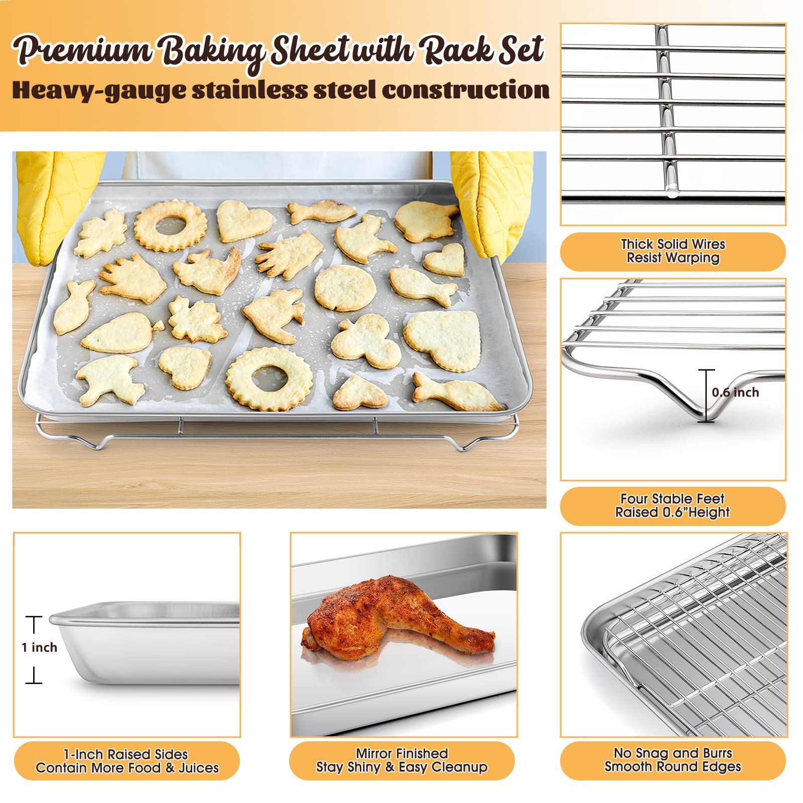 E-far Cookie Sheet with Rack Set, Half Sheet Baking Pan for Oven Cooking, 18βx13β Stainless Steel Rimmed Tray with Wire Cooling Rack for Roasting Broiling Bacon Meat Steak - Dishwasher Safe