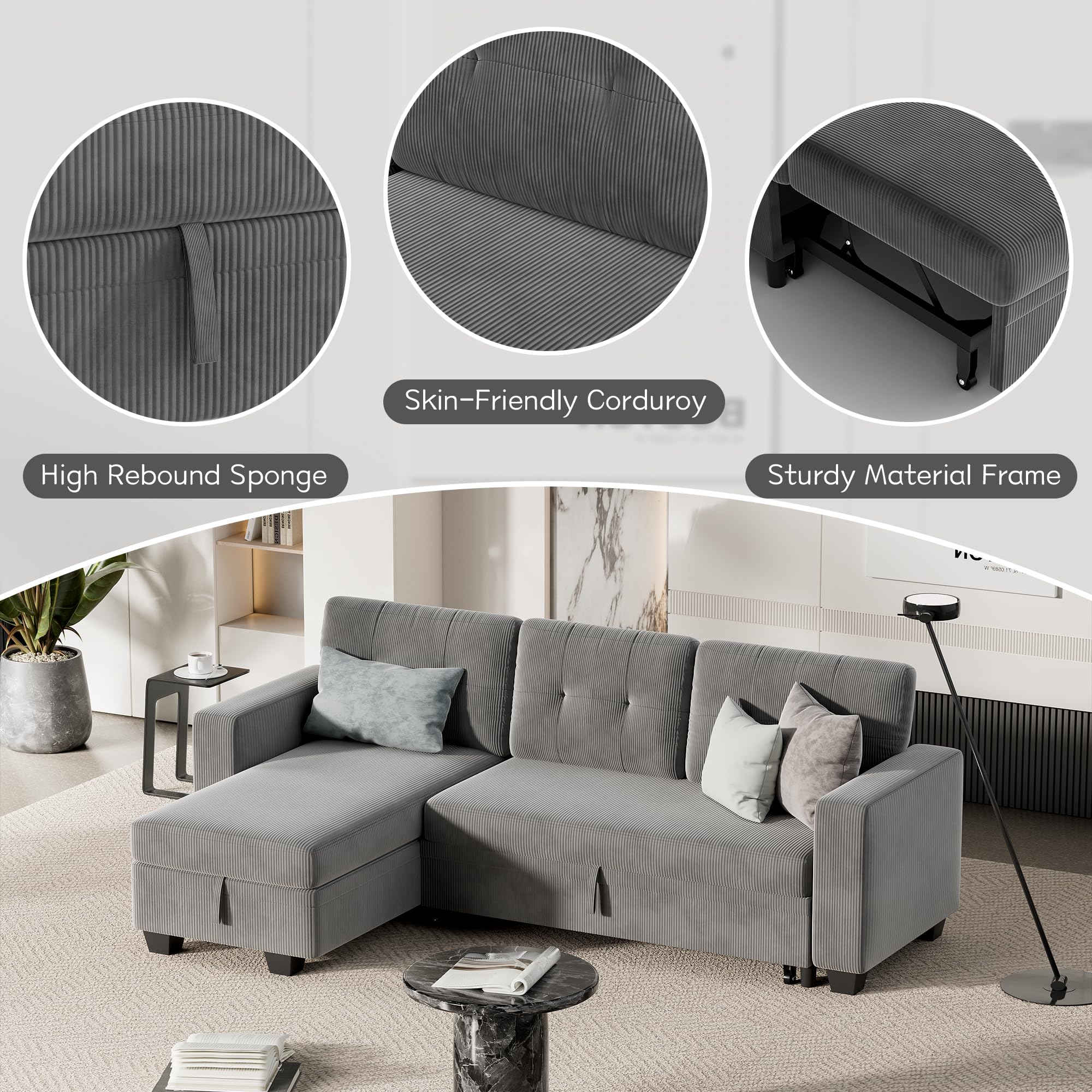 Furmax Sleeper Sofa, Sofa Bed L Shaped Sectional Couch with Reversible Storage Chaise Lounge, Modern Fabric Pull Out Couch & Couch Bed for Living Room Small Space (Grey)