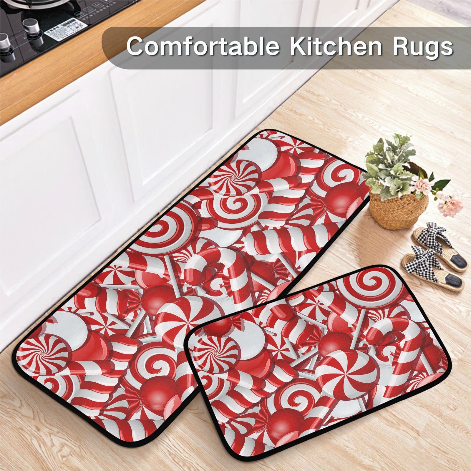 CUPADA Christmas Sweets Kitchen Rugs and Mats 2 Pcs, Candy Canes Non-Slip Floor Runner Mat for Living Room Bedroom Dorm Hallyway Home Decor 19.7"x27.6"+19.7"x47.2"