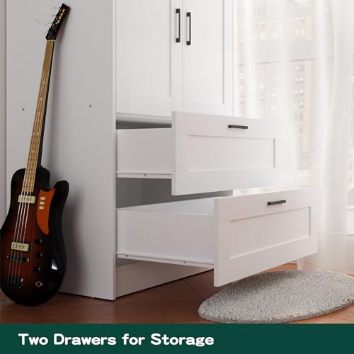Fddevelop Wood White Wardrobe Closet with 2 Doors and Drawers,Bedroom Freestanding Armoire Storage Cabinet with Shelves,Wooden Wardrobe Combination for Hanging Clothes (White 2 Drawers)
