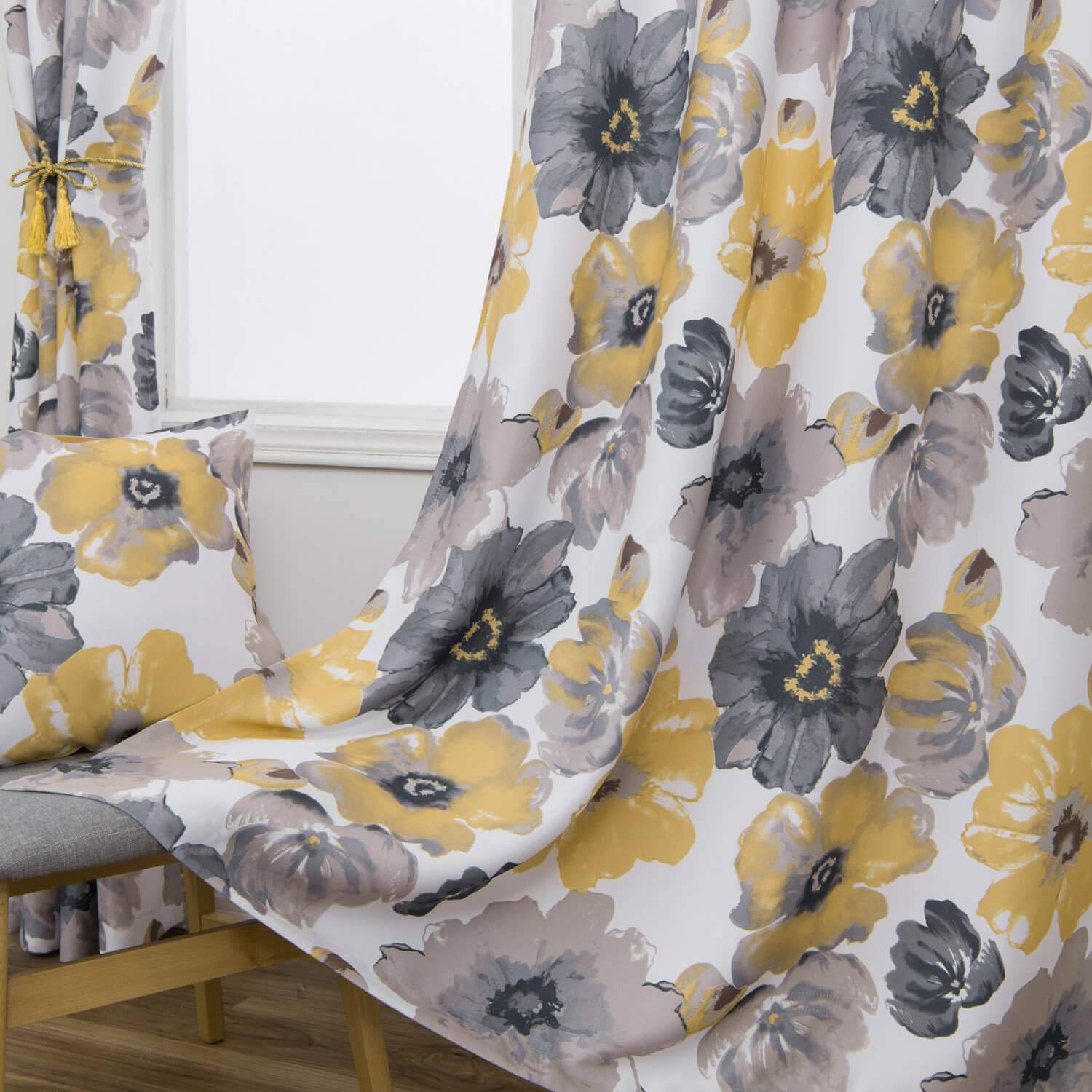 Clacoco Gray Yellow Flower Curtains and Drapes for Living Room Grommet Top 1Panel 42" W 84" L