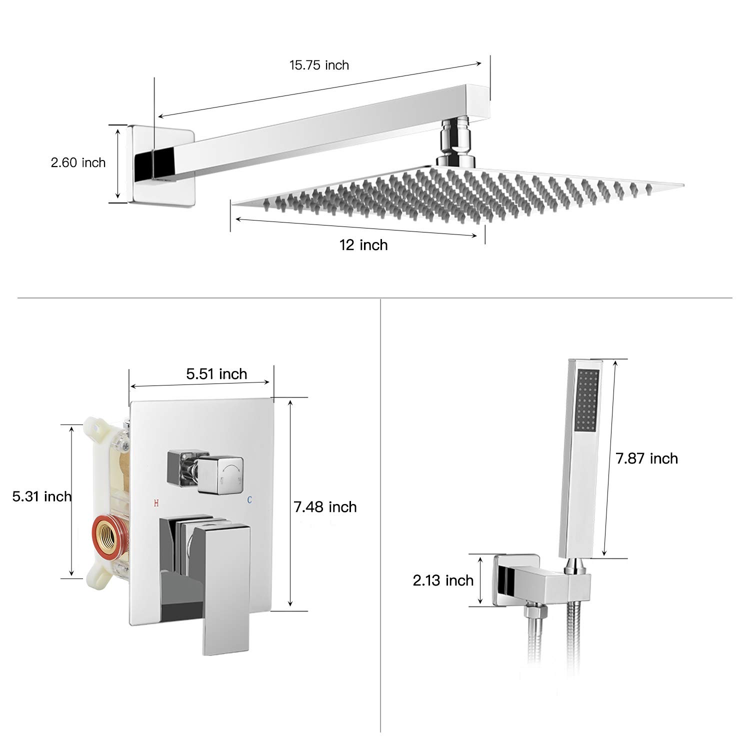 BWE 12 Inch Square Bathroom Luxury Rain Mixer Shower Combo Set Wall Mounted 2-Functions Rainfall Shower Head System Polished Chrome Shower Faucet Rough-in Valve Body and Trim Included
