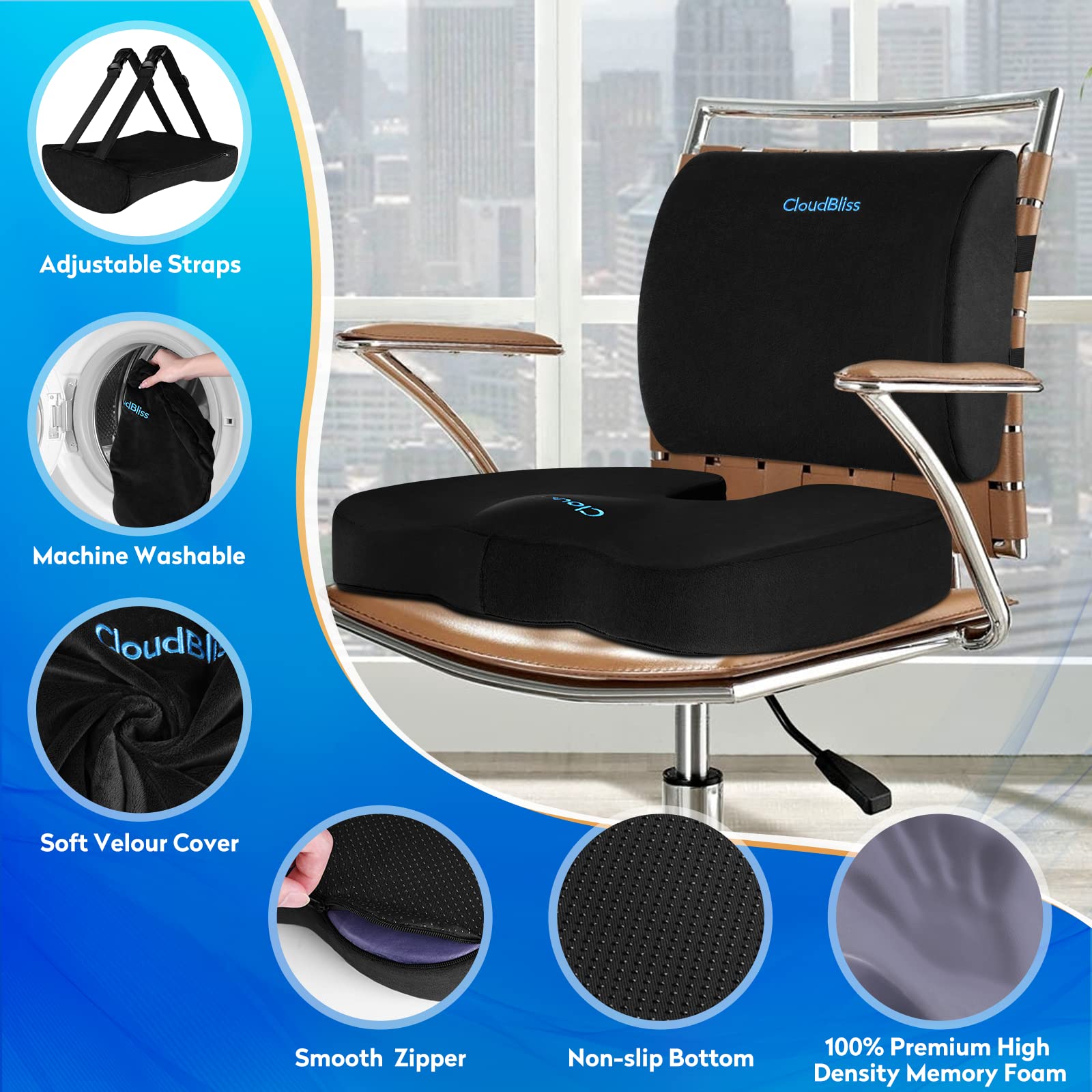 CloudBliss Seat Cushion for Office Chair,Car Seat,Lumbar and Back Support Memory Foam Pillow, Coccyx Cushion for Tailbone ,Sciatica & Back Pain Relief -Black